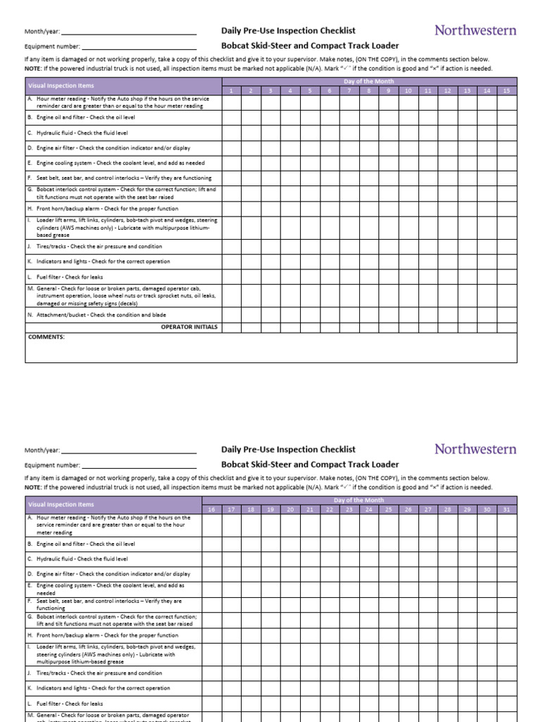 Daily Bobcat Inspection Checklist | PDF