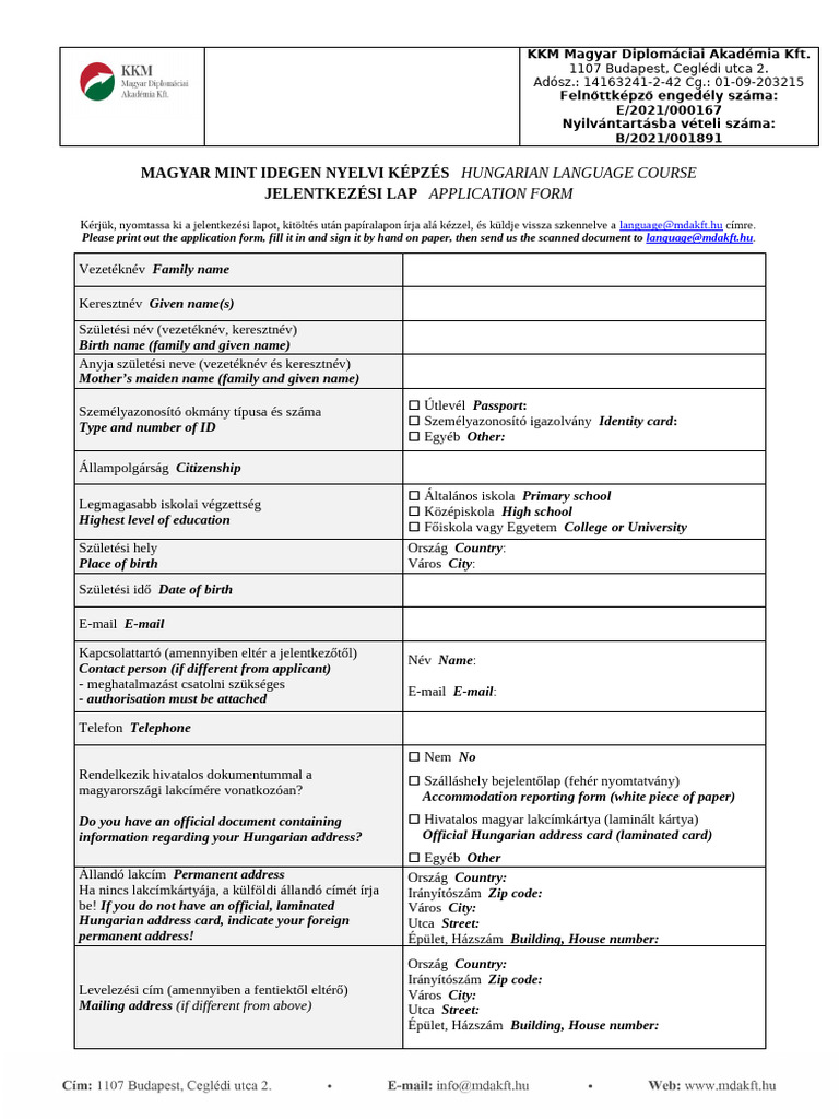 Jelentkezesi Lap Application Form 2024-25-1 | PDF