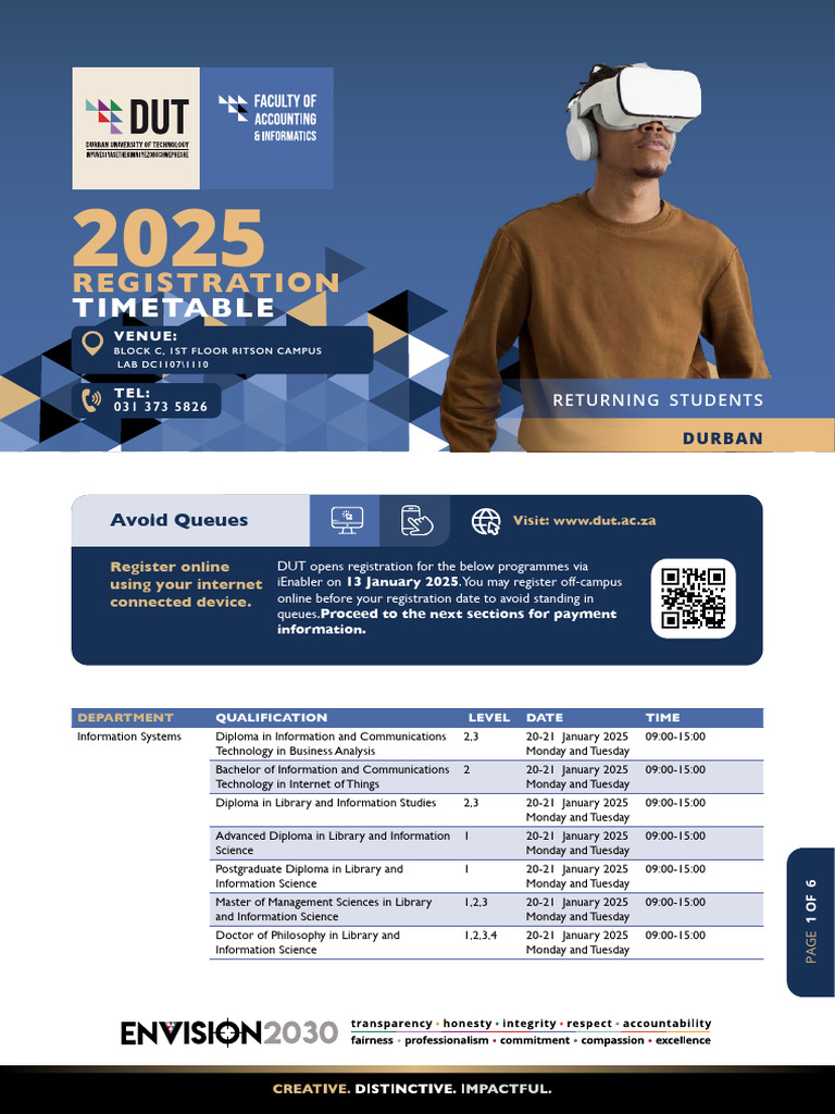 DUT 2025 Registration Timetable | PDF | Postgraduate Education | Payments