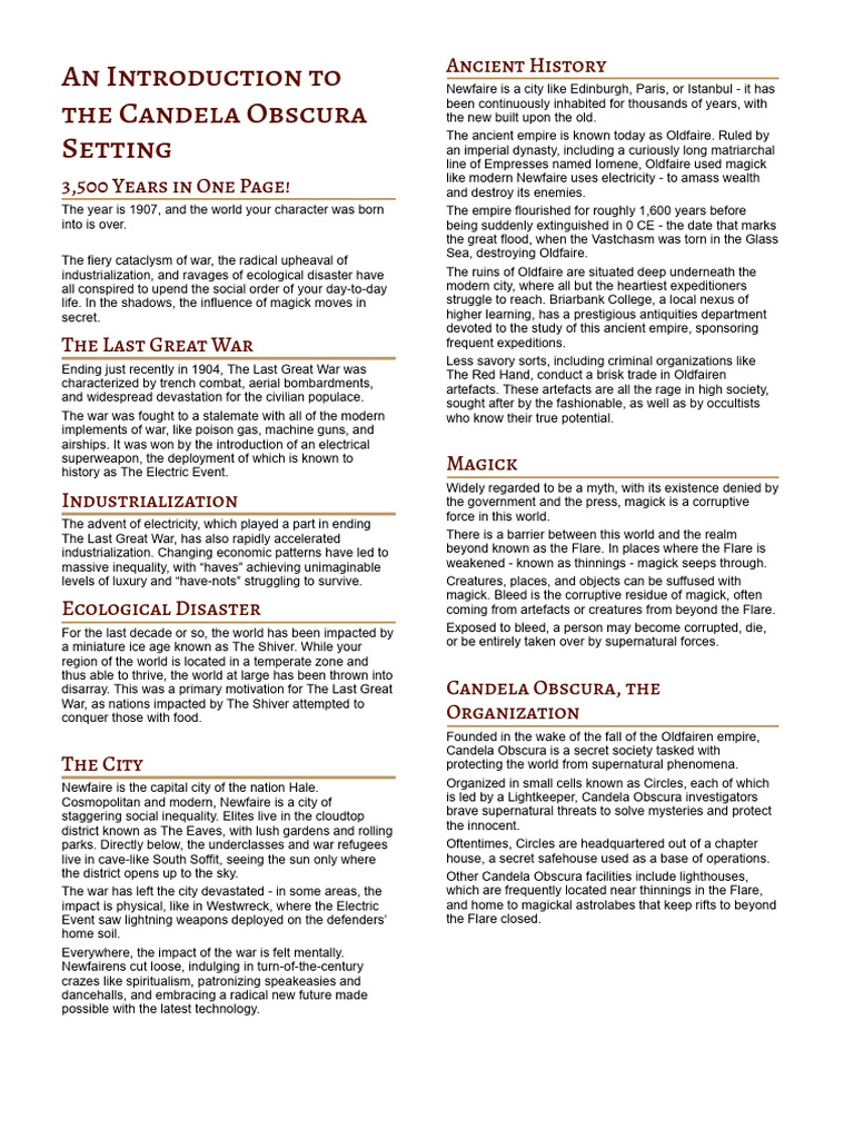 Candela Obscura Resource - One-Page Setting Guide v1.0 | PDF