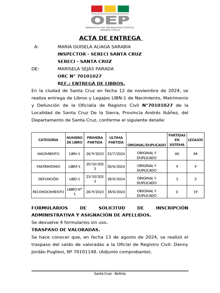 Acta de Entrega de Libro | PDF