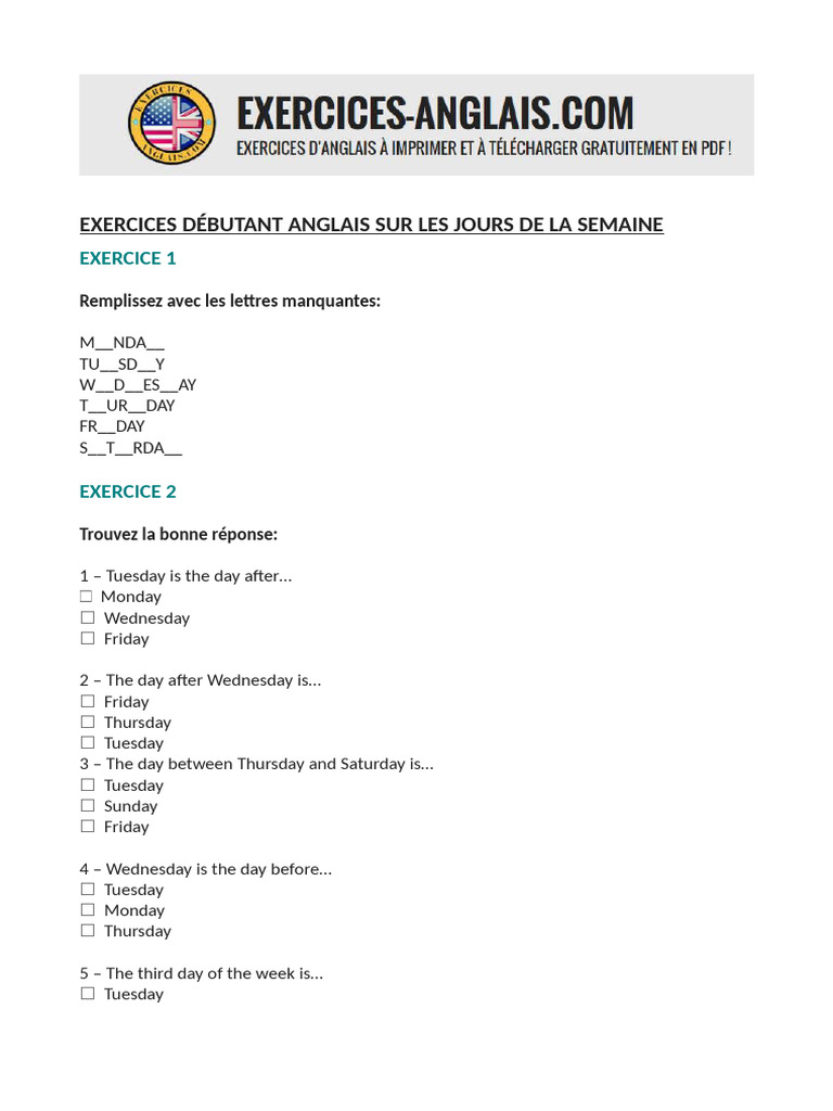 Exercice Anglais Jour de La Semaine | PDF