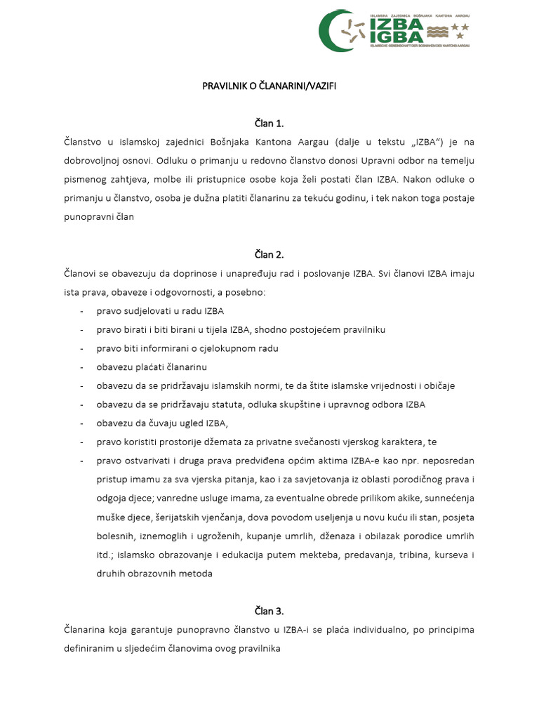 Pravilnik Vazifa Prijedlog 1 Licno Clanstvo | PDF