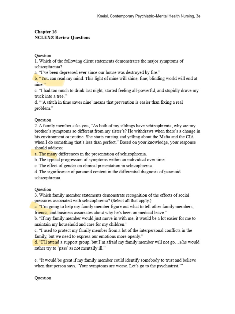 Chapter16 NCLEX Questions | PDF | Schizophrenia | Psychiatry