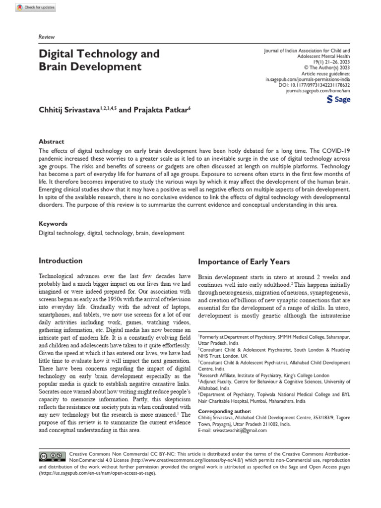 Srivastava Patkar 2023 Digital Technology and Brain Development | PDF | Autism Spectrum | Sleep