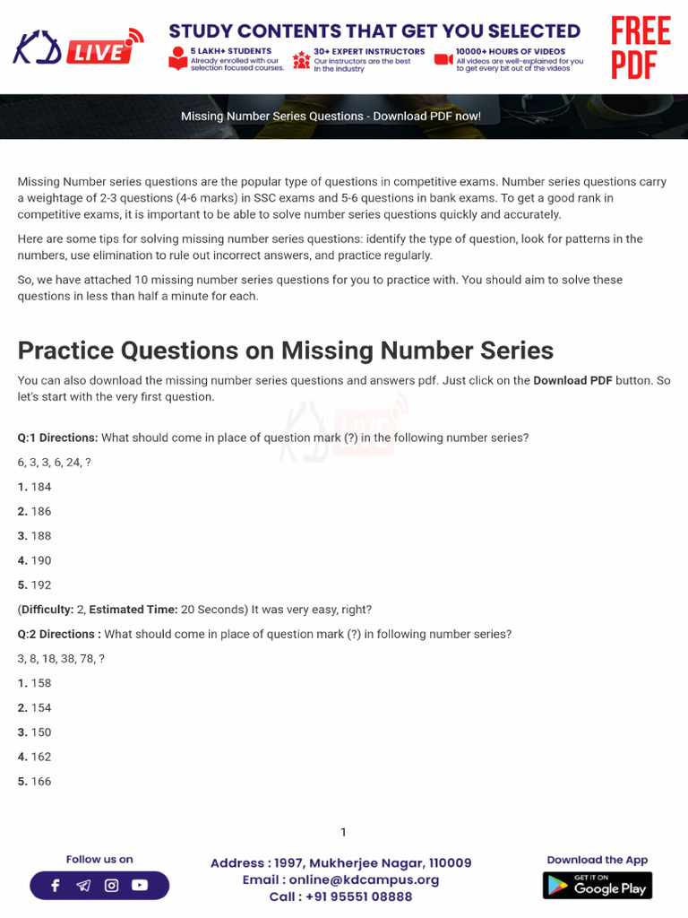 Missing Number Series Questions Download PDF Now | PDF