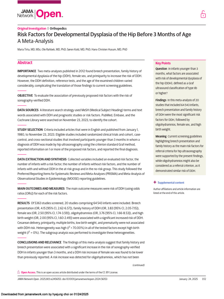 Risk Factors For Developmental Dysplasia of The Hip Before 3 Months of ...