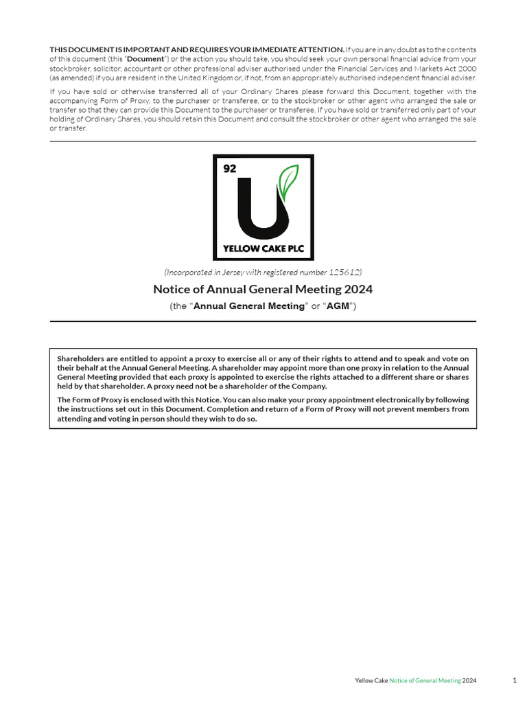 Yellow-Cake_Notice-of-AGM_Web | PDF | Proxy Voting | Dividend