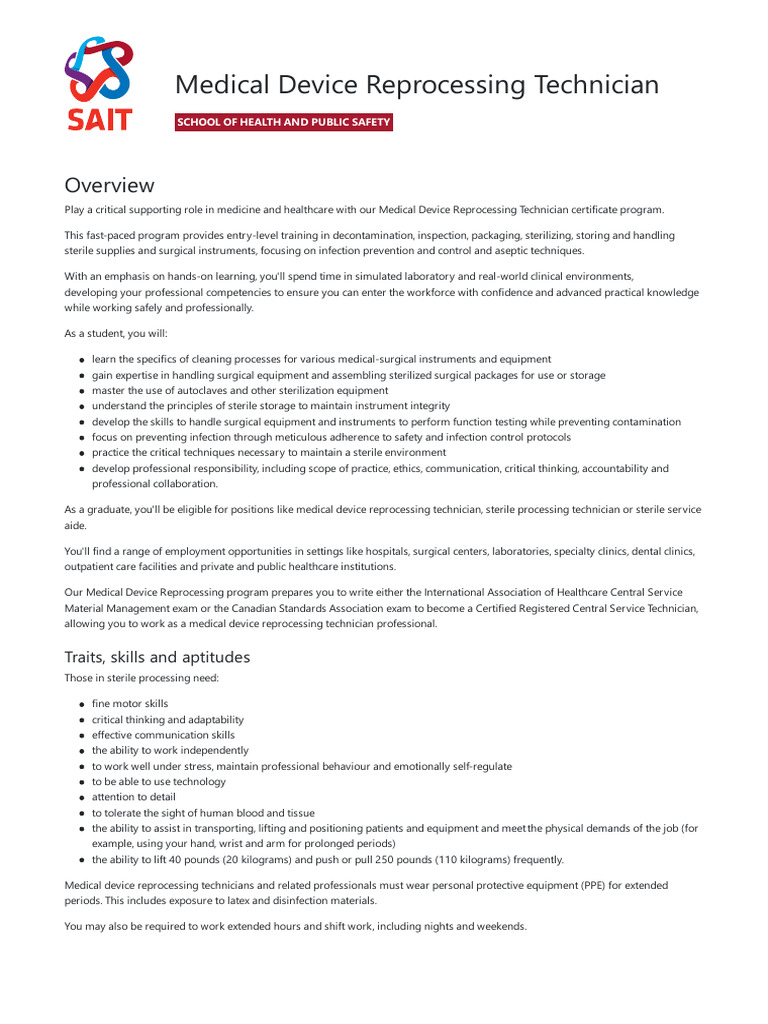 Medical Device Reprocessing Technician 2 | PDF | Medical Device | Medicine