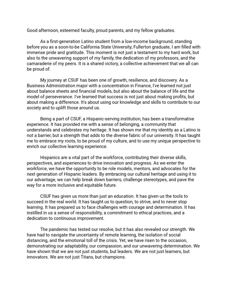 CSUF Graduation Speech: Embracing Diversity | PDF | Learning | Distance ...