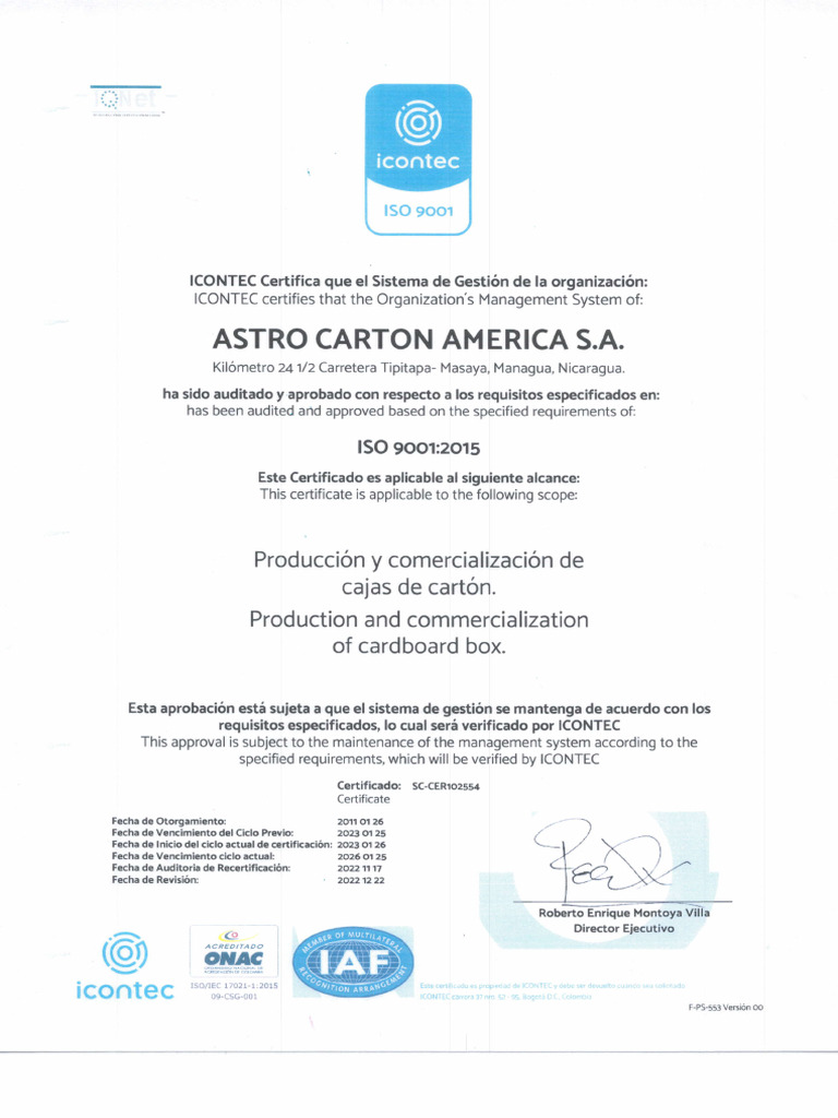 Certificación ISO 9001:2015 de Astro Carton | PDF