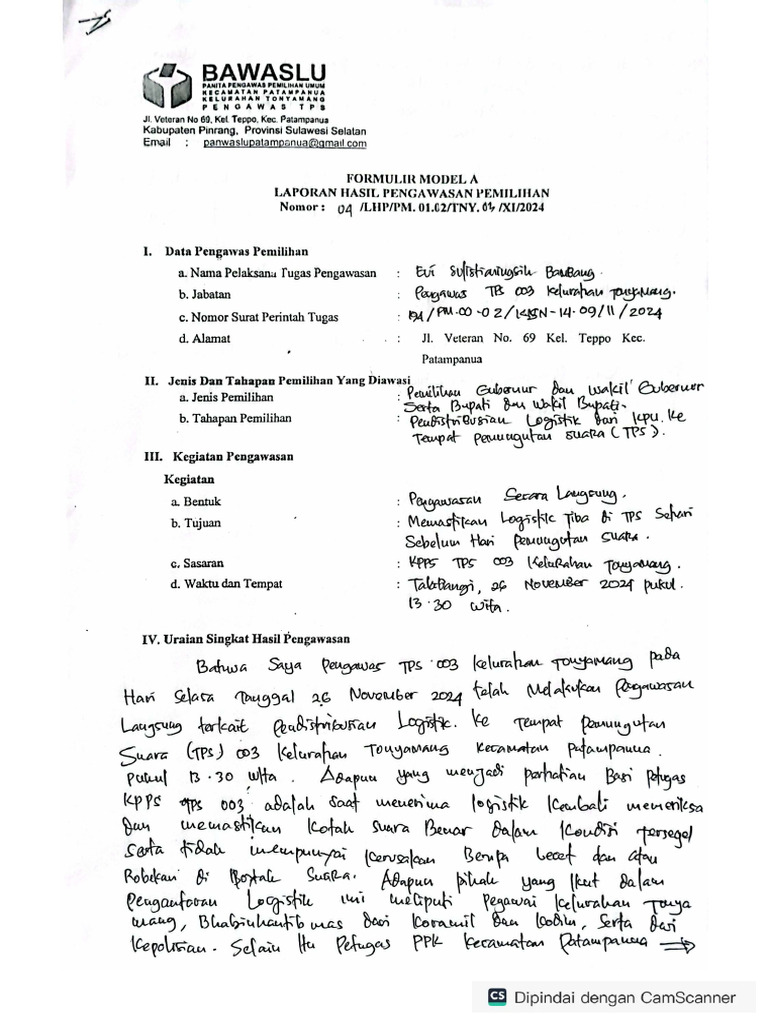 Pendistribusian Logistik TPS 003 Tonyamang | PDF