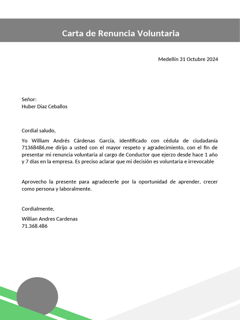 Carta de Renuncia Voluntaria | PDF