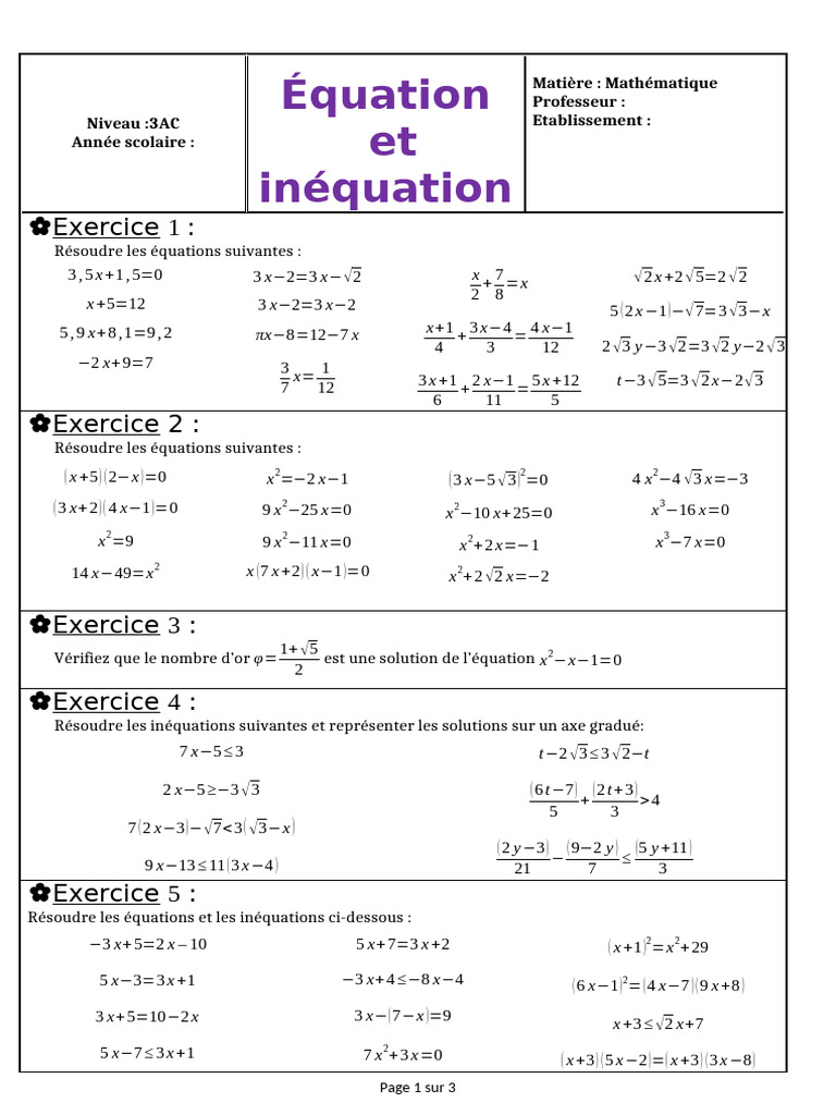 Exercices sur équations et inéquations | PDF | Mathématiques ...