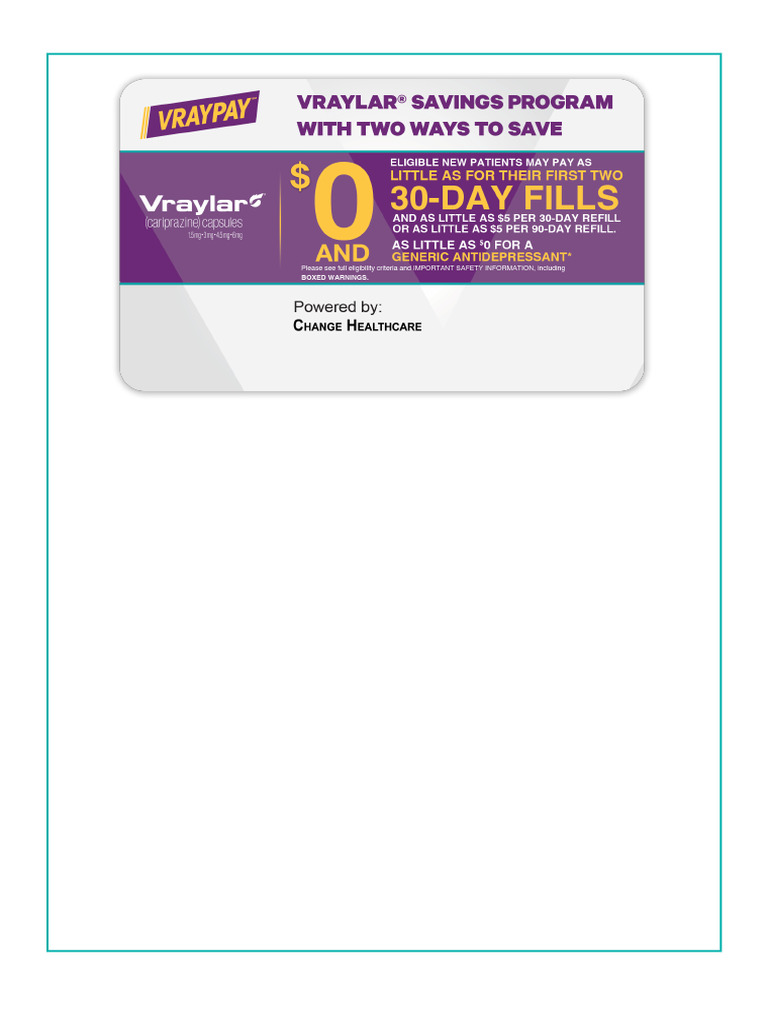 Vraylar Savings Card | PDF | Prescription Drugs | Bipolar Disorder