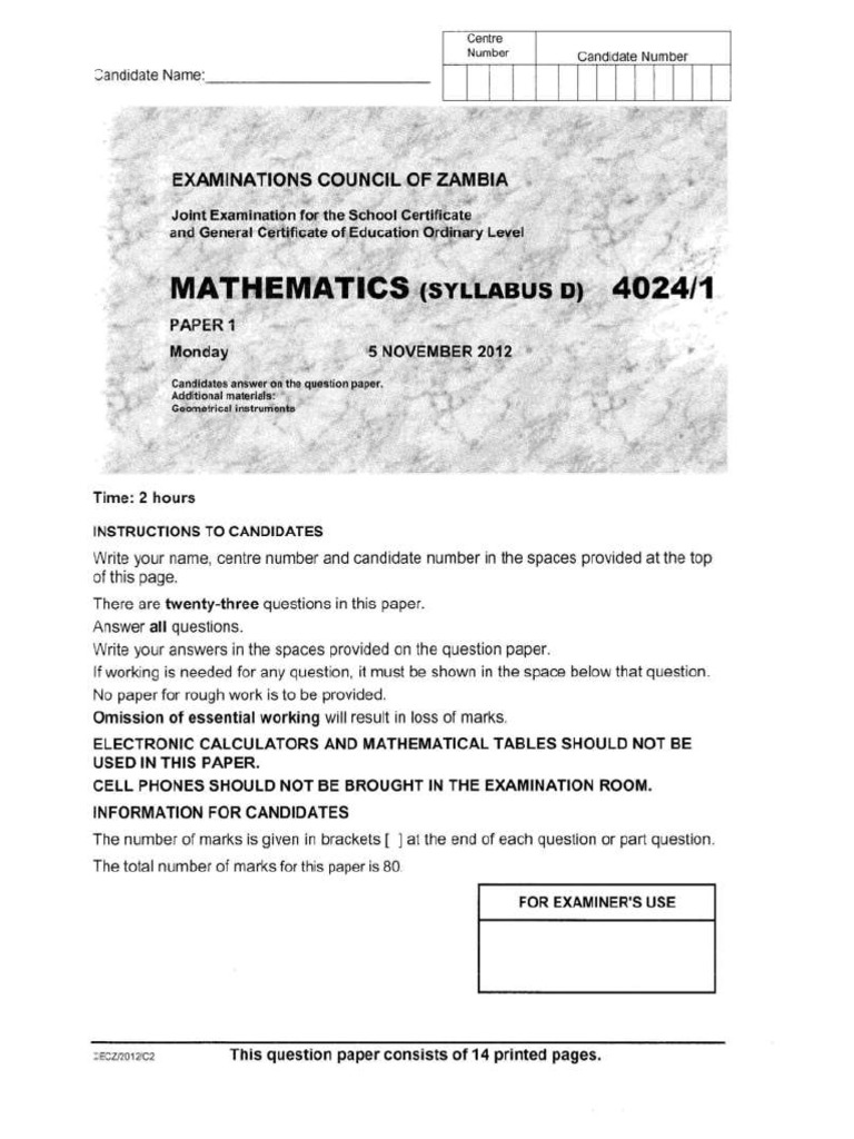 2012 Mathematics Paper 1 Past Paper | PDF