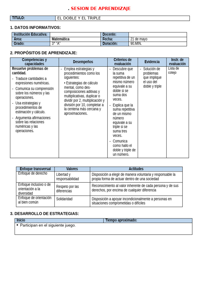 3° SESION DE APRENDIZAJE DOBLE Y TRIPLE DE IN | PDF | Evaluación | Aprendizaje