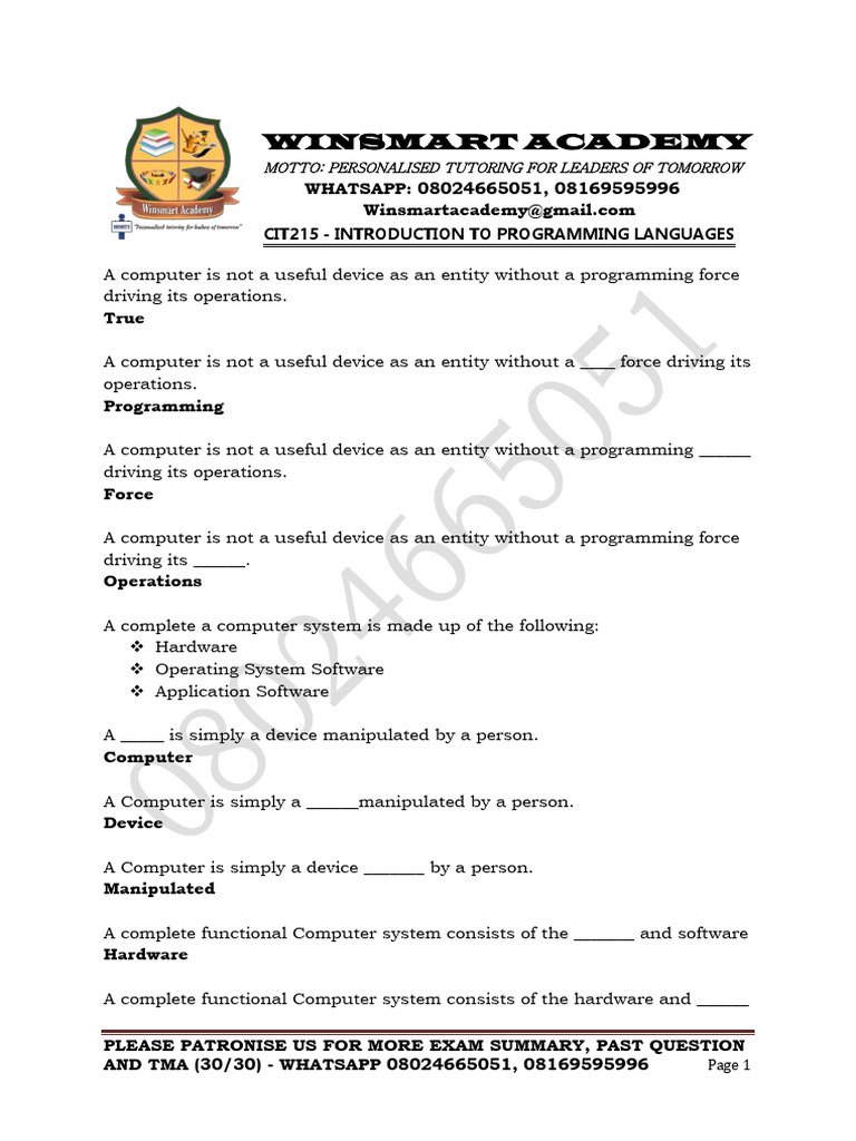 CIT215 Summary Introdtn To Progmg Language | PDF | Programming | Computer Program