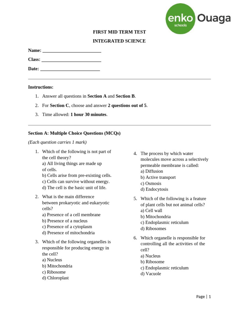 MY 2 Science Examination Worksheet - 1 | PDF | Cell (Biology) | Cytoplasm