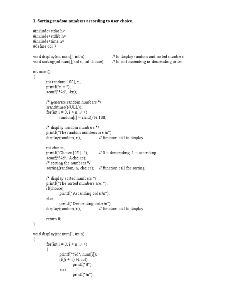 Sorting Random Numbers According To User Choice | PDF