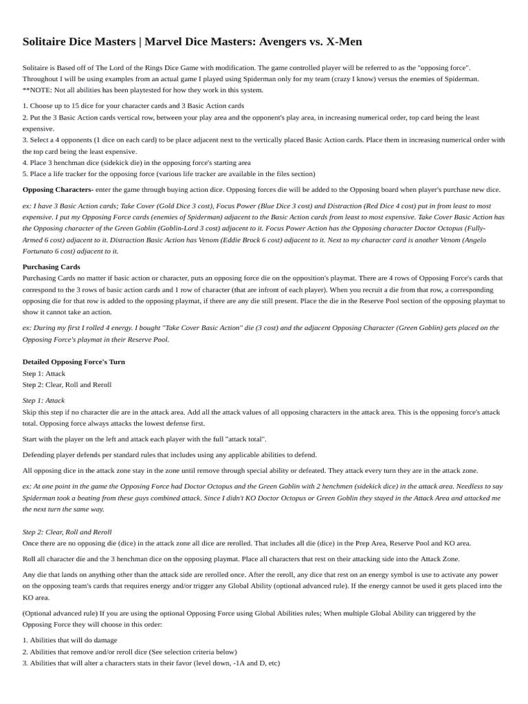 Solitaire Dice Masters BoardGameGeek | PDF | Spider Man