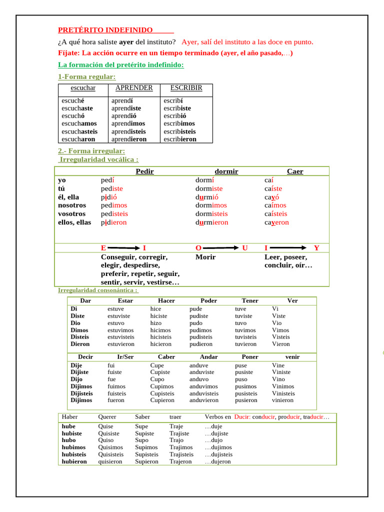 Formación y uso del pretérito indefinido | PDF | Tipología Lingüística ...