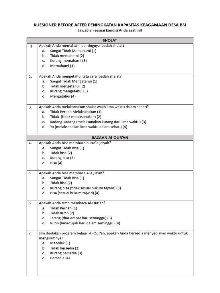 KUESIONER BEFORE AFTER PENINGKATAN KAPASITAS KEAGAMAAN DESA BSI - Rev 3 | PDF