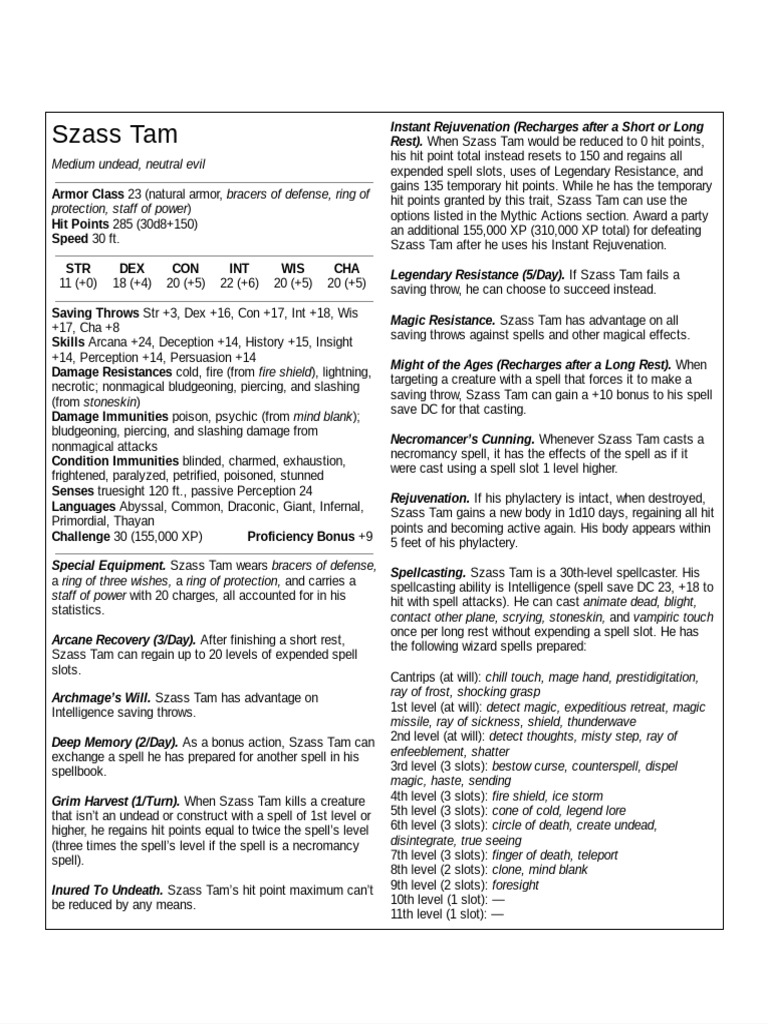 Szass Tam Stat Block | PDF | Gary Gygax Games | Dungeons & Dragons