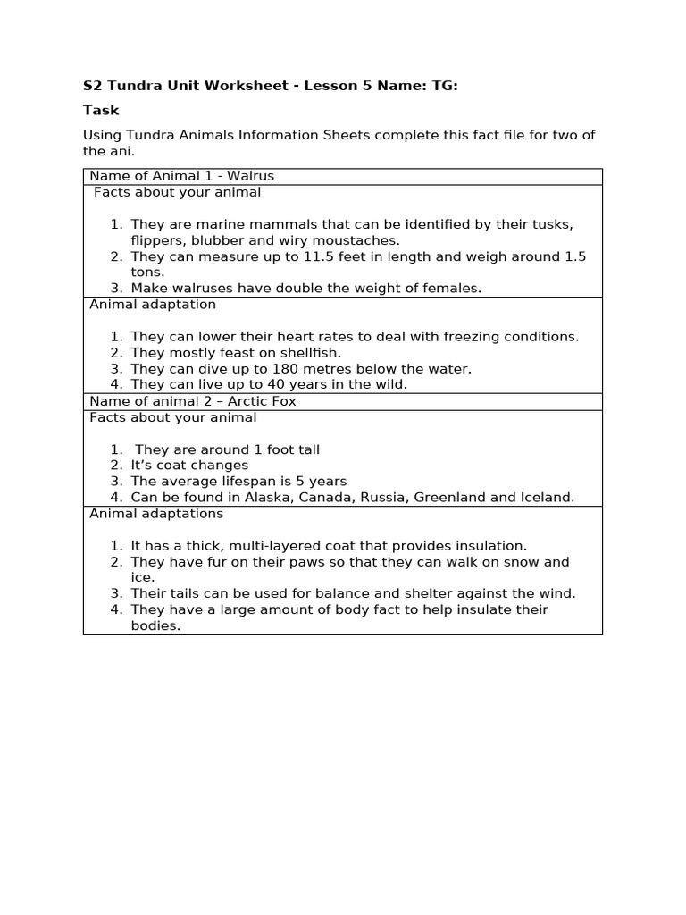 Tundra Lesson 5 Worksheet - Animal Template copy | PDF