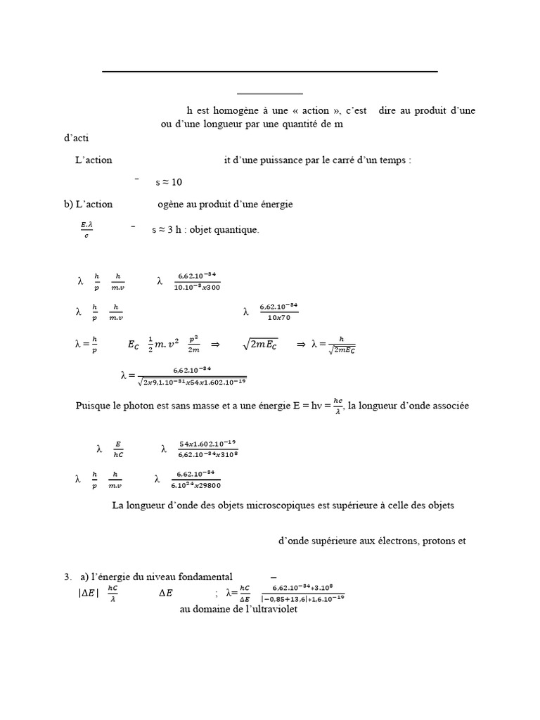 CORRIGE DE LA FICHE DE TD DE MECANIQUE QUANTIQUE L1 | PDF | Photon | Radiation