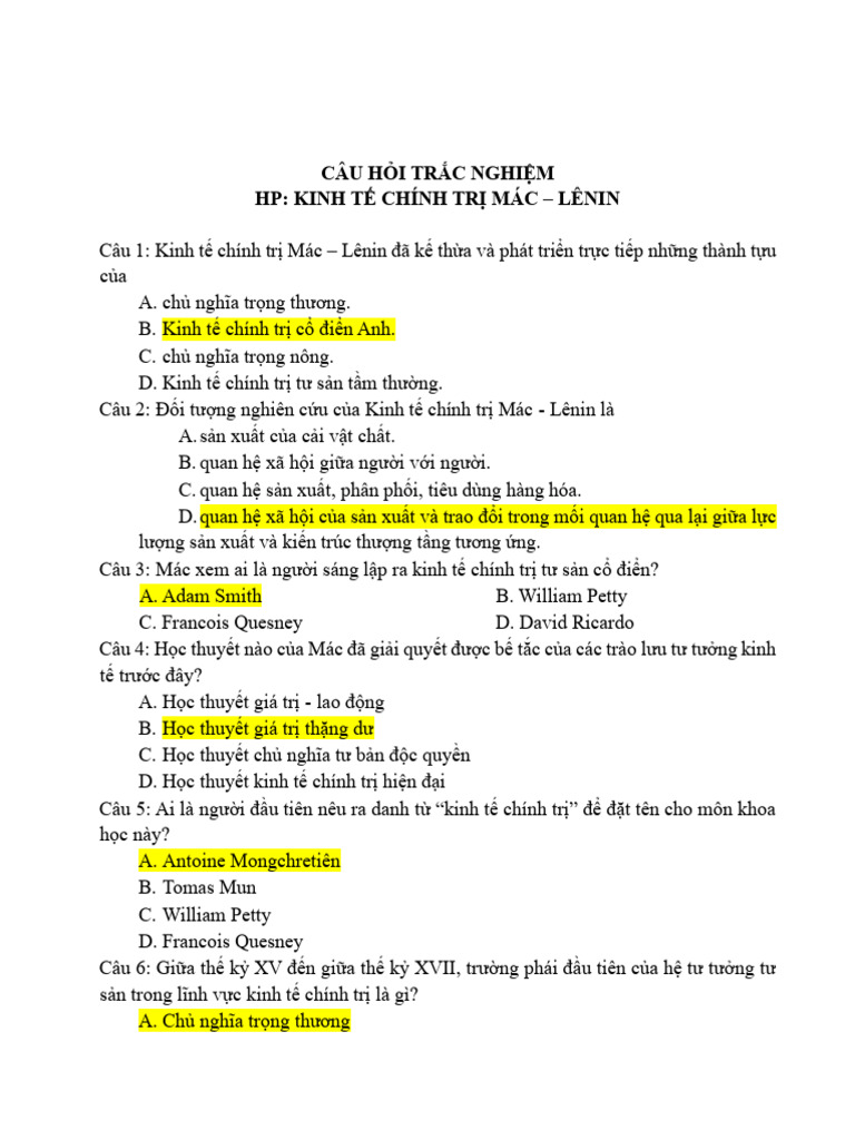 Mot So Mau Cau Hoi Trac Nghiem Hoc Phan Kinh Te Chinh Tri Mac-Lenin 1728440932 (1) | PDF
