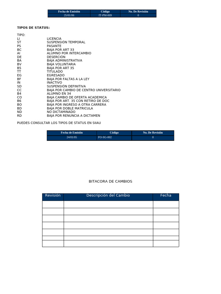 Tipos de Status Académicos SIIAU | PDF