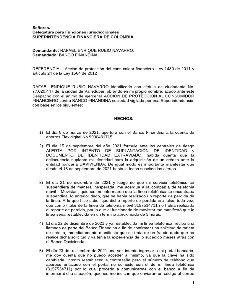 Demanda para Interponer Contra El Banco Finandina Ante La ...
