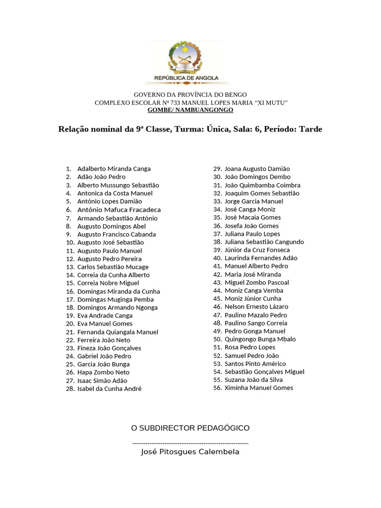 Lista de Alunos da 9ª Classe - Gombe | PDF
