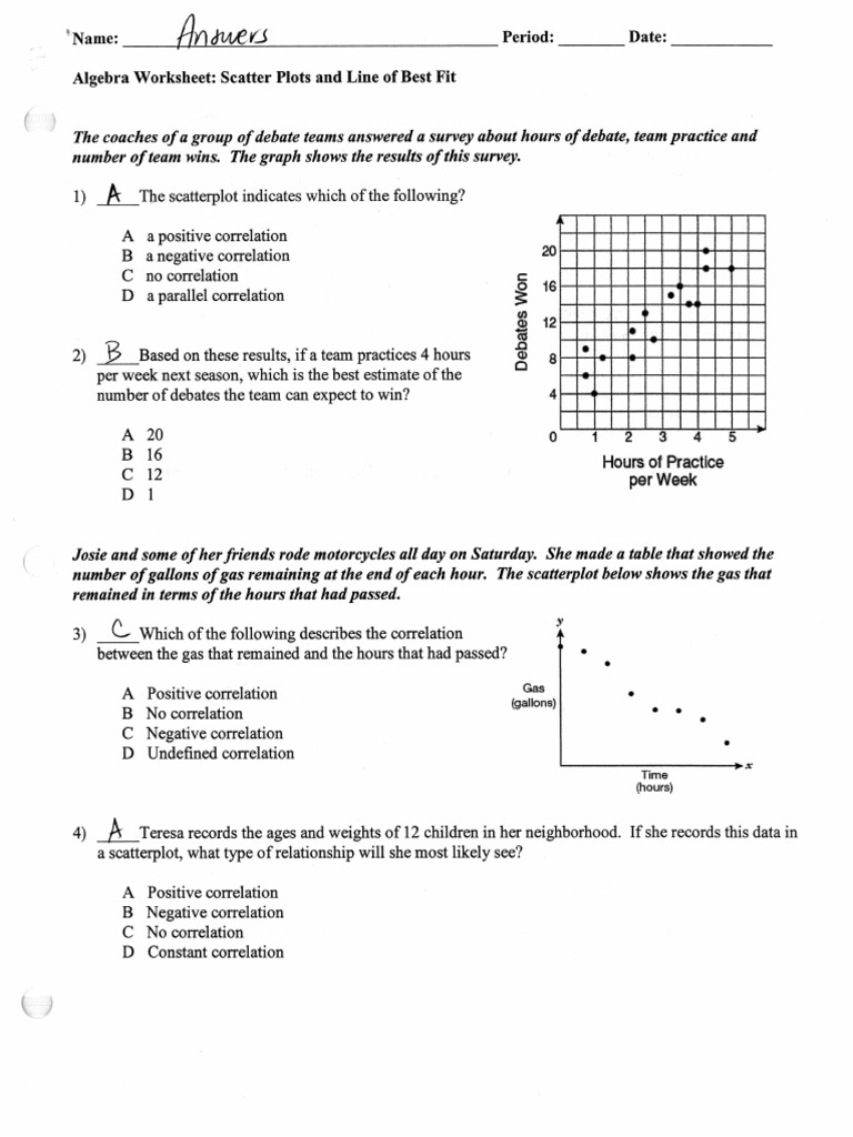 Algebra Worksheet - Scatterplots - LOBF - Answers | PDF