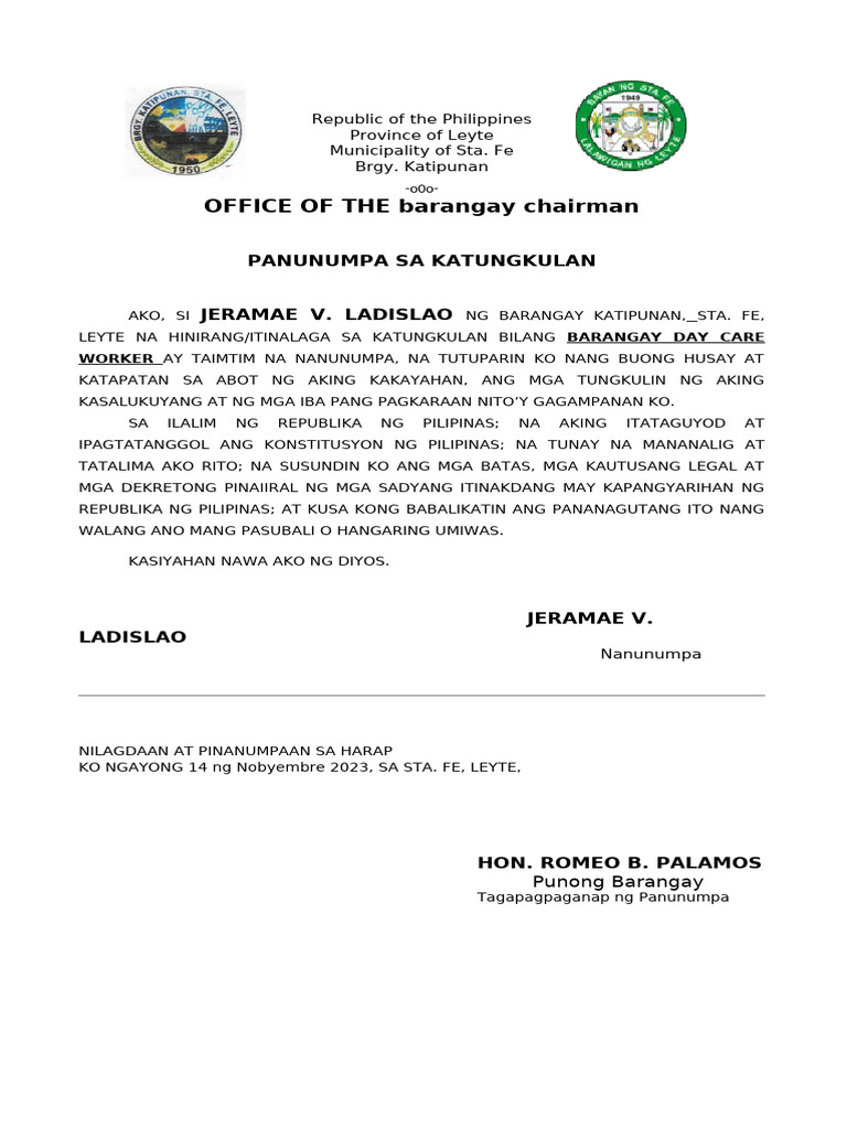 Panunumpa Sa Katungkulan Daycare | PDF