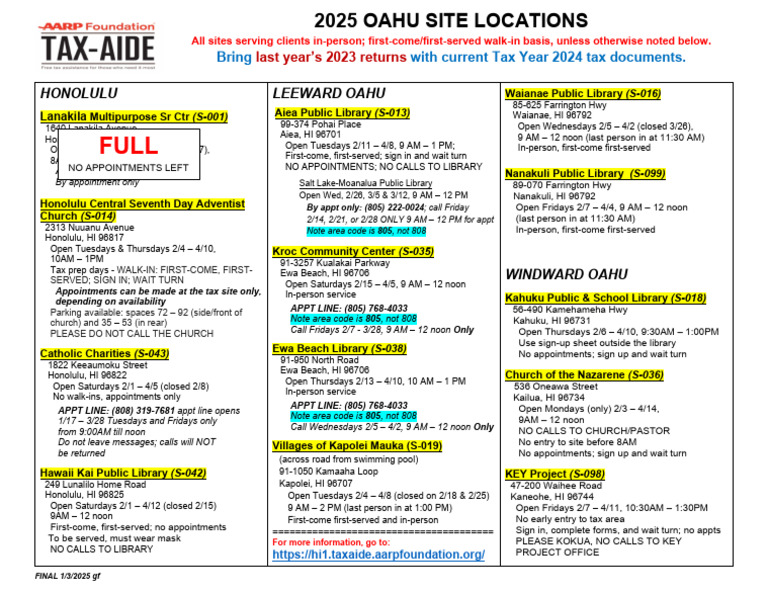 Oahu Tax Preparation Locations 2025 | PDF