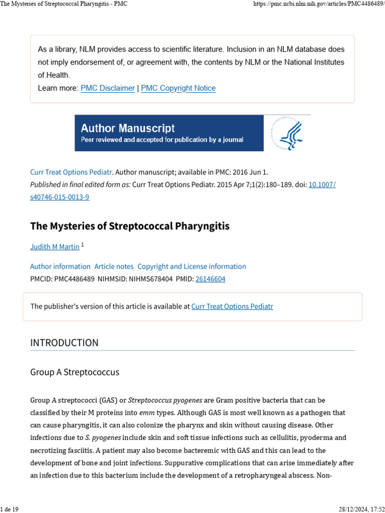 The Mysteries of Streptococcal Pharyngitis - PMC | PDF | Streptococcus ...