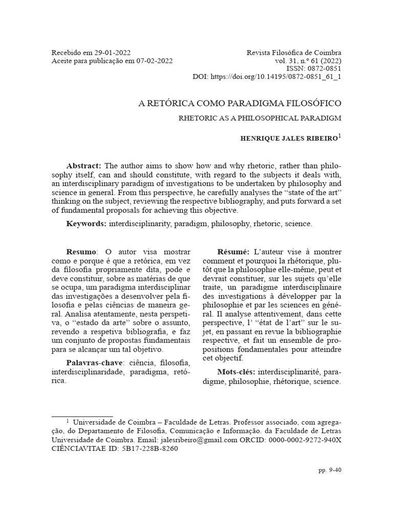 A Retorica Como Paradigma Filosofico | PDF | Science | Immanuel Kant