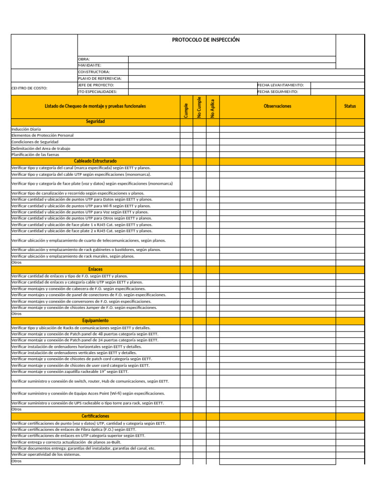 Protocolo de Inspección: Listado de Chequeo de Montaje y Pruebas ...