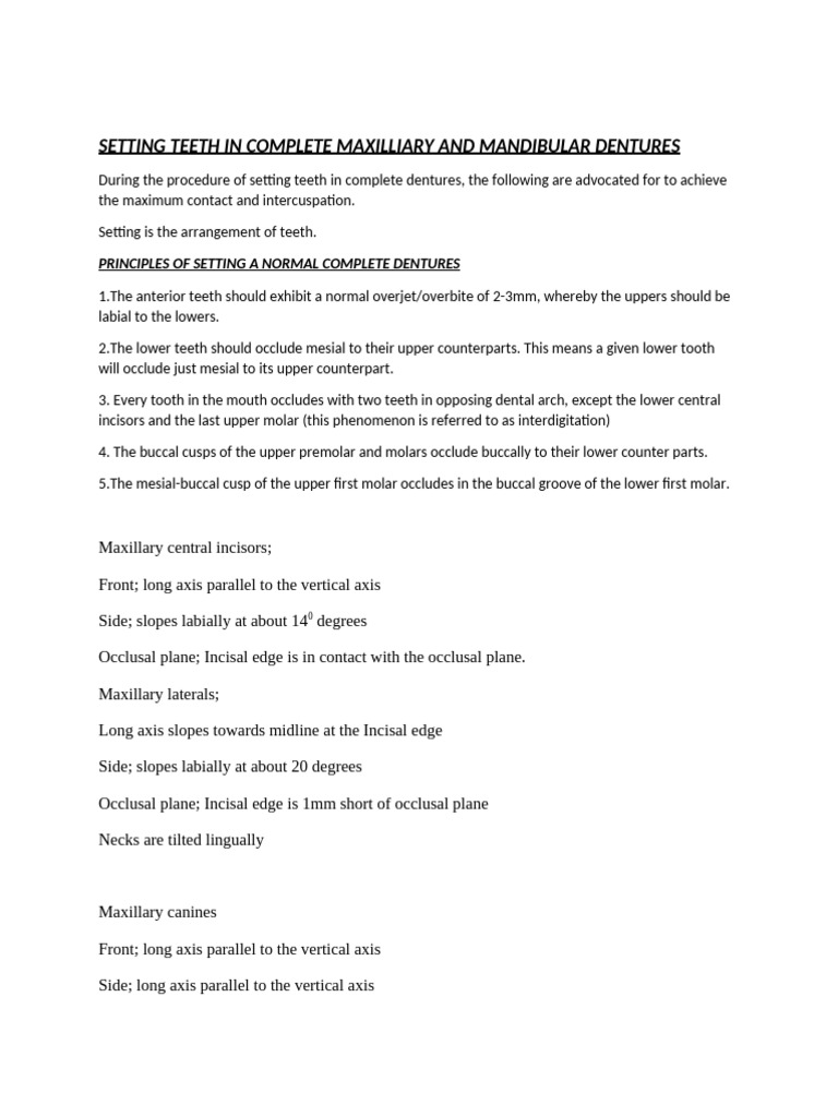 Setting of Complete Dentures | PDF | Dentistry | Tooth