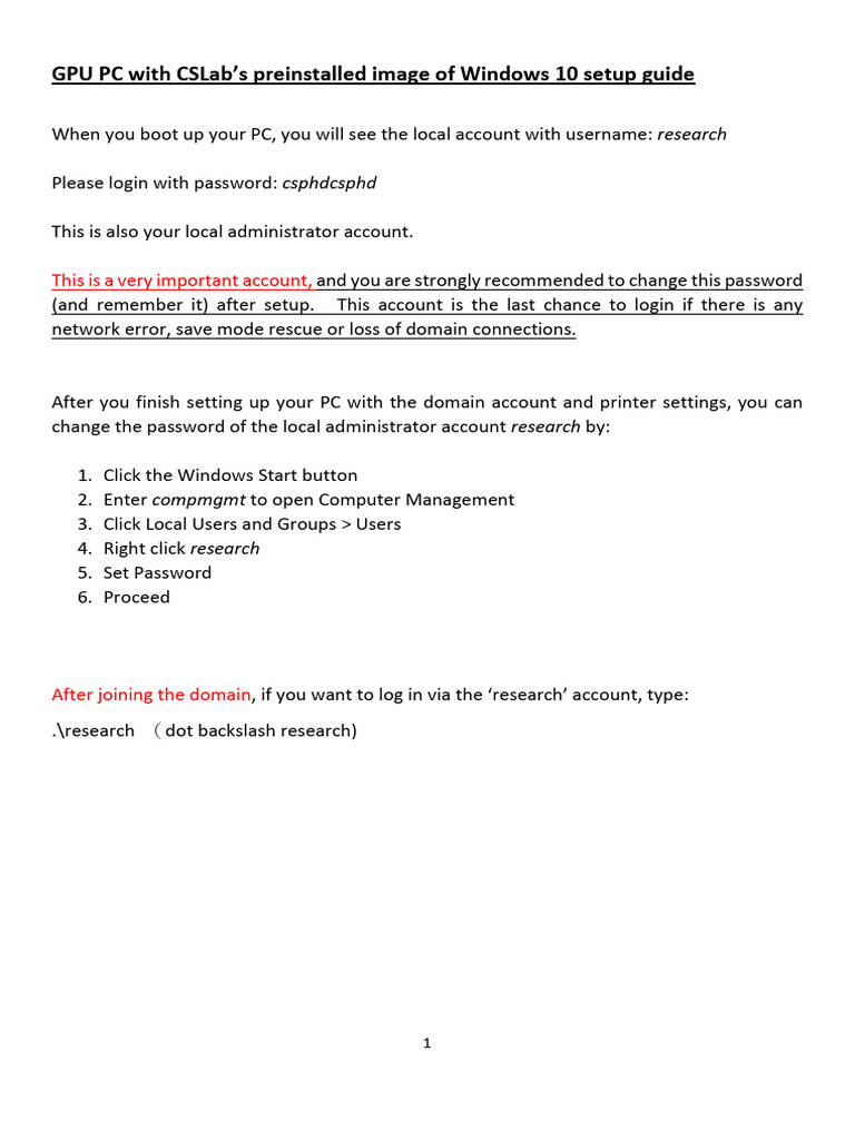 Preinstall - CS Research PC Setup Guide - 2024 | PDF | Printer (Computing) | Password