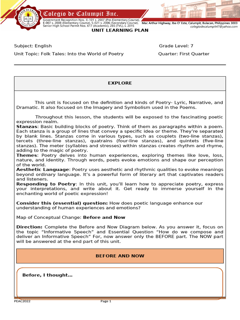 Unit Plan - Grade 7 (Q1) | PDF | Poetry