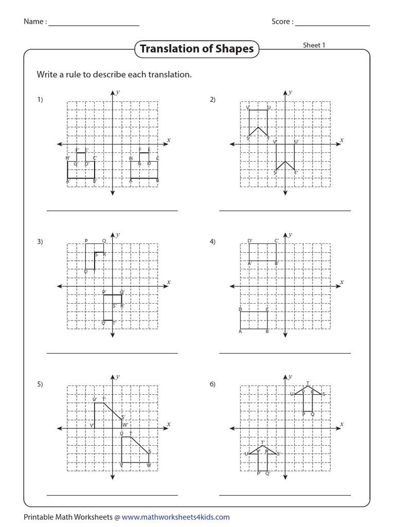 Translation of Shapes Worksheet Guide | PDF