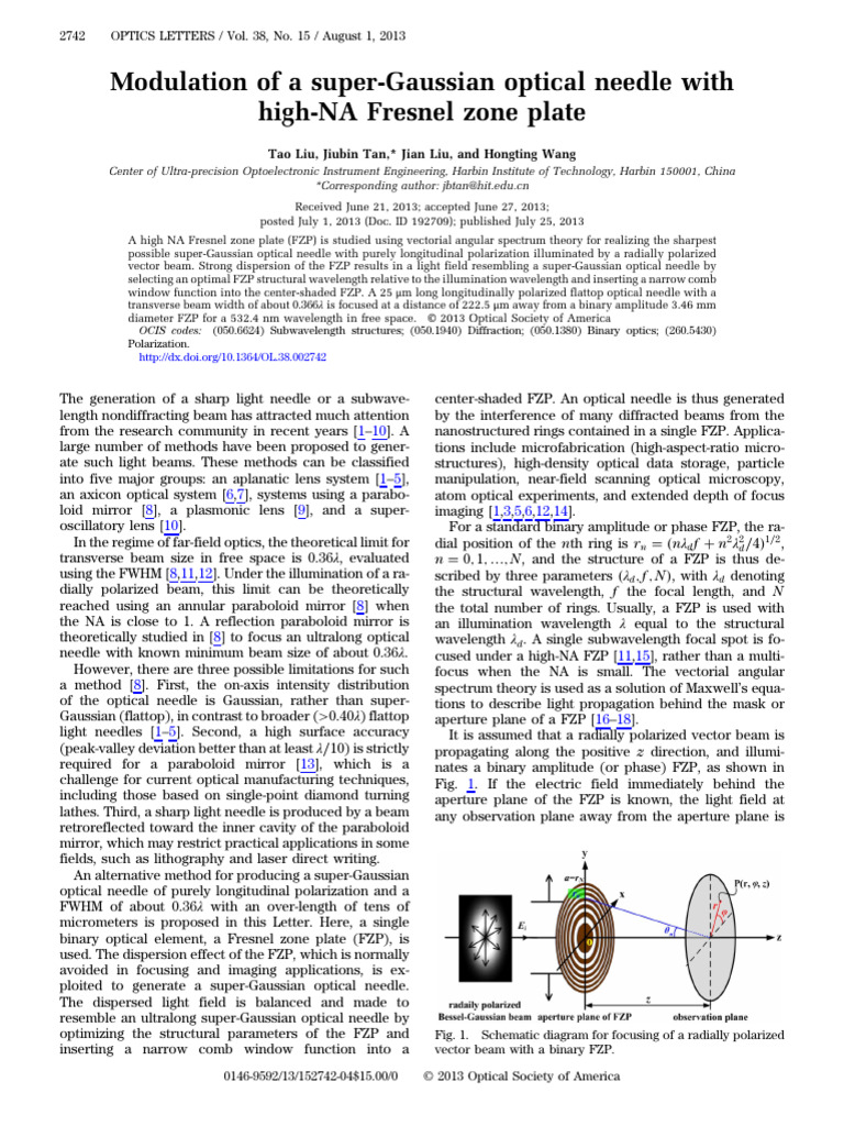 Super-Gaussian Optical Needle via FZP | PDF | Optics | Wavelength