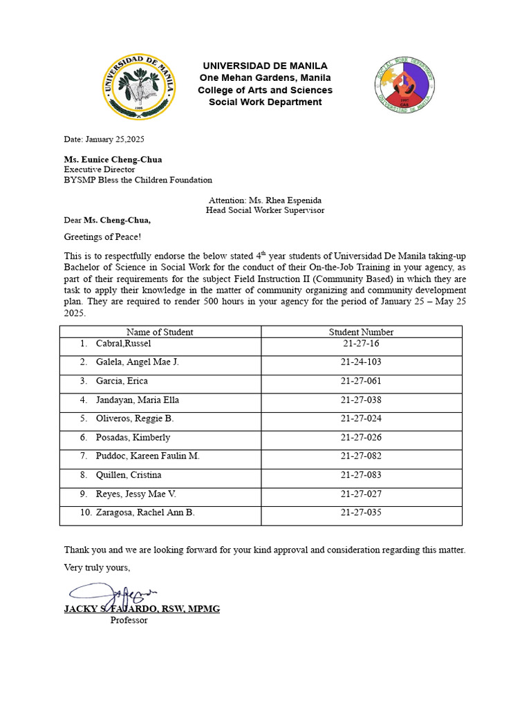 Letter of Request For OJT | PDF