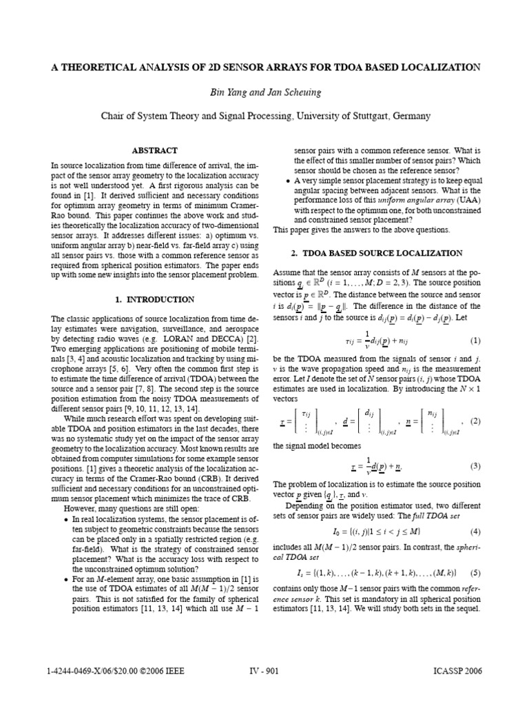 A Theoretical Analysis of 2D Sensor Arrays For TDOA Based Localization | PDF | Applied Mathematics
