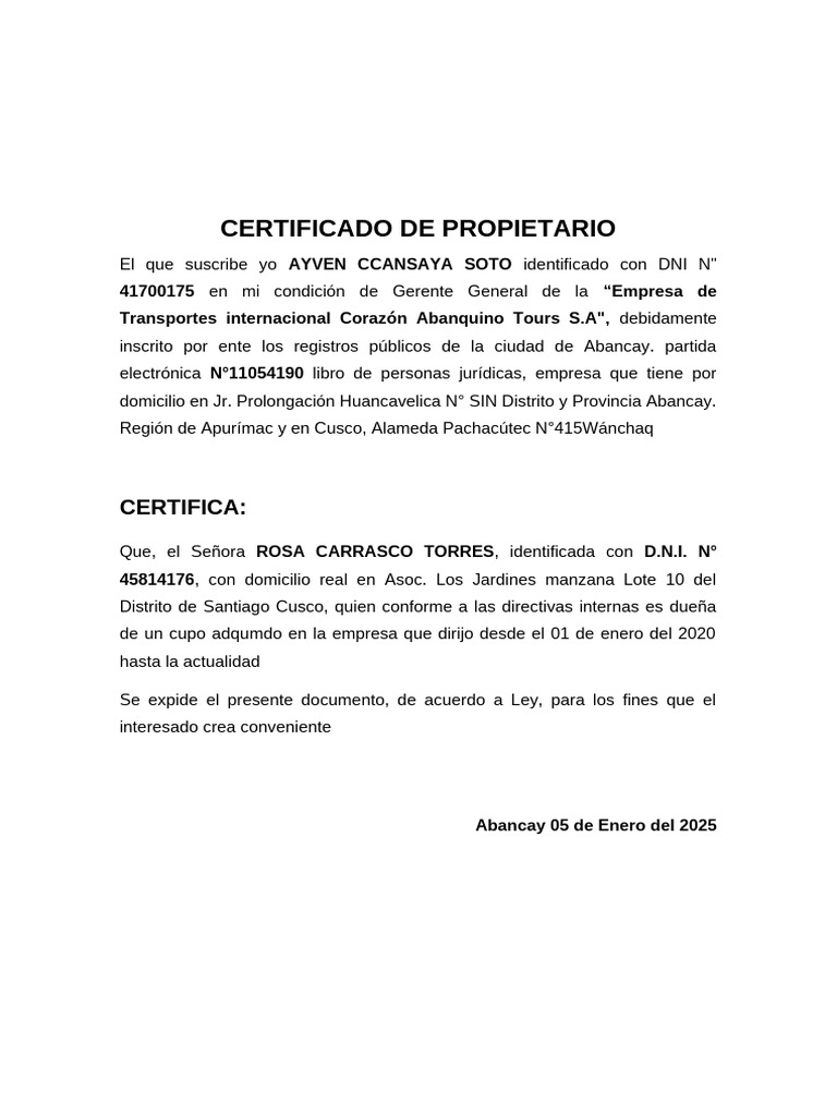 Certificado de Propietario | PDF