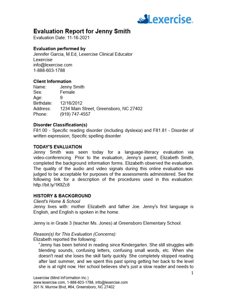Sample Evaluation Report | PDF | Dyslexia | Reading Comprehension
