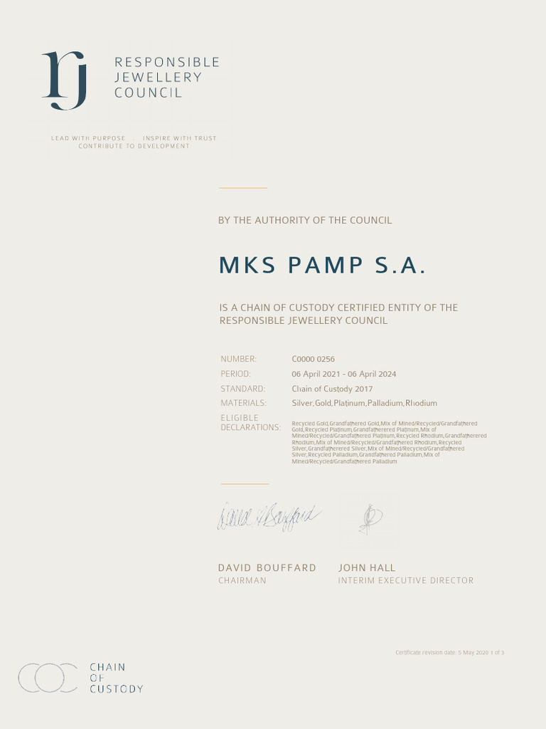 MKS PAMP SA RJC Certificate COC 2017 EU | PDF | Audit | Certification